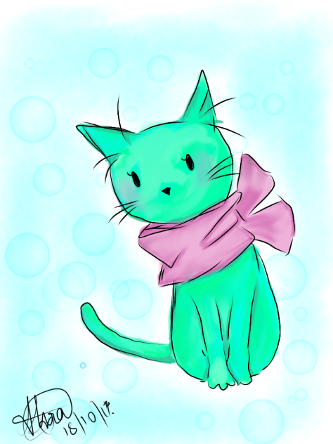 Mint Cat with Pink Scarf. - ibisPaint