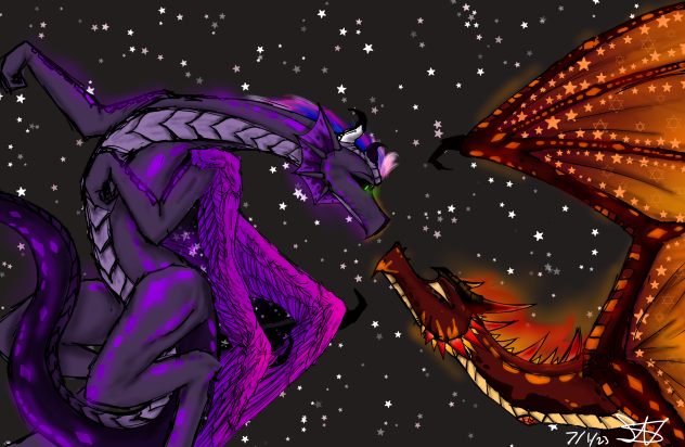 Two dragons frolicking in the stary sky - ibisPaint