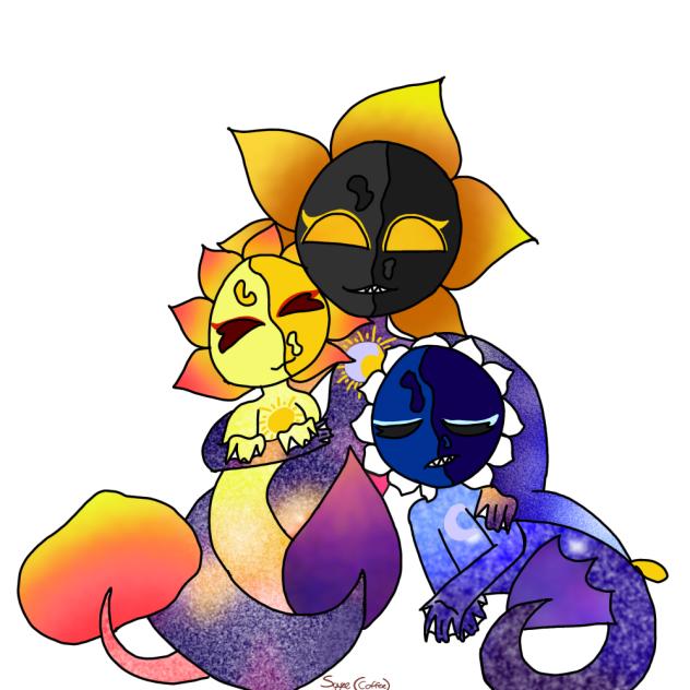Sun, moon, and eclipse cuddling - ibisPaint