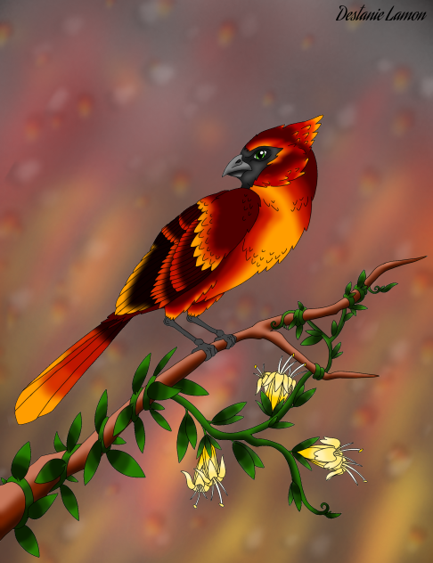 Cardinal And Honeysuckle Over A Fire - ibisPaint