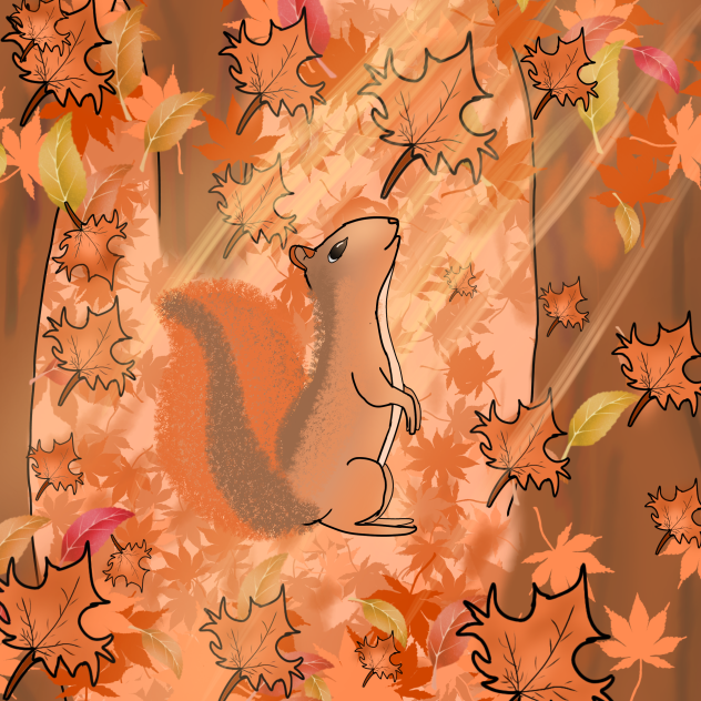 squirrel watching falling maple leaves - ibisPaint
