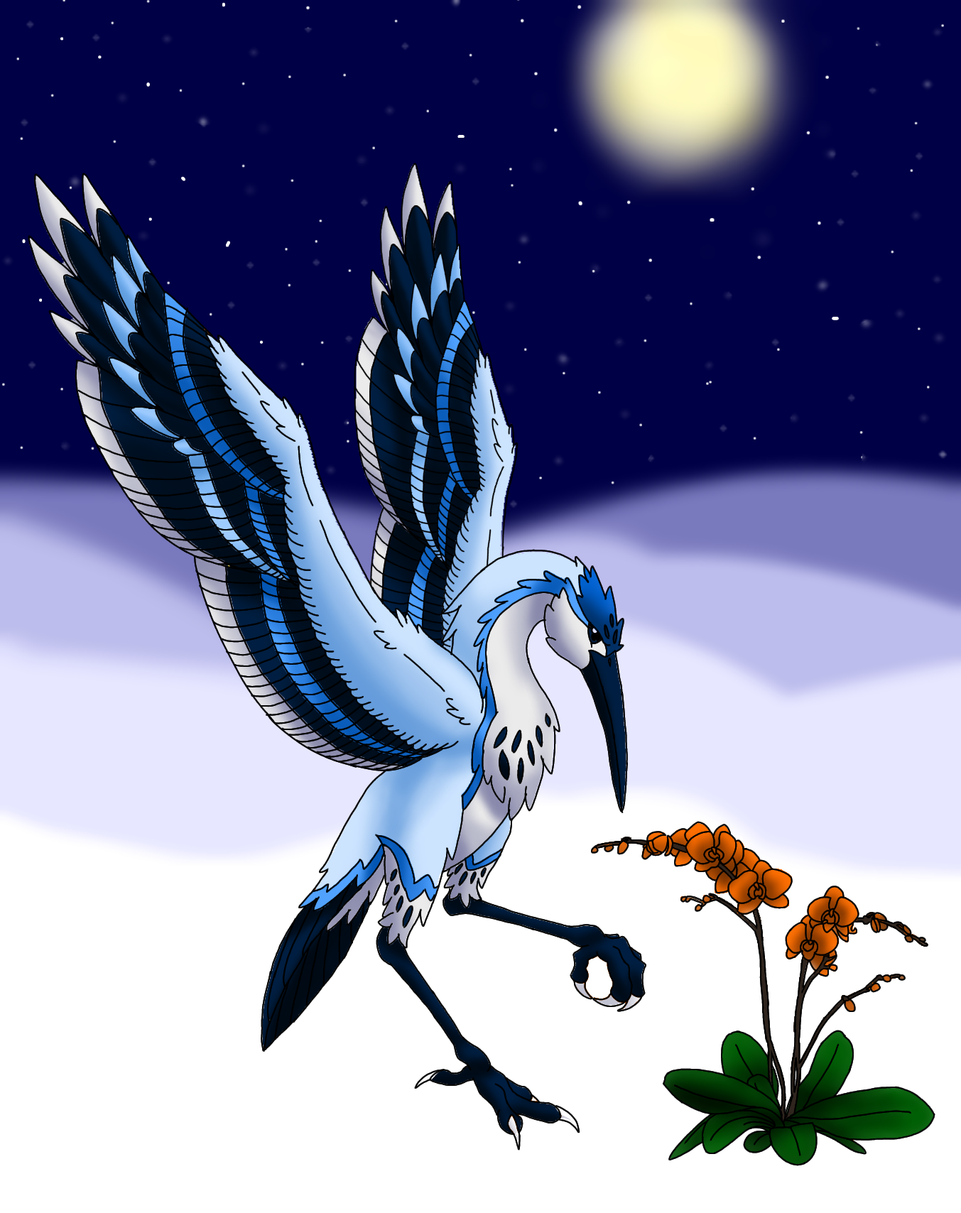 Snow Crane And Orchids - ibisPaint