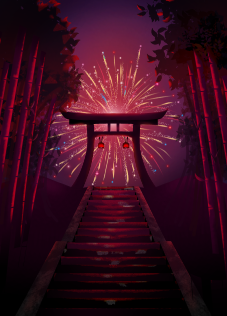 Torii Gate and Fireworks - ibisPaint