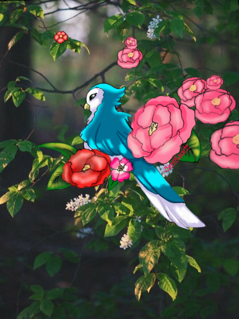 Bird in forest whit flowers - ibisPaint