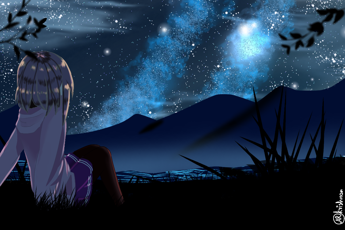Lonely girl under starry sky - ibisPaint