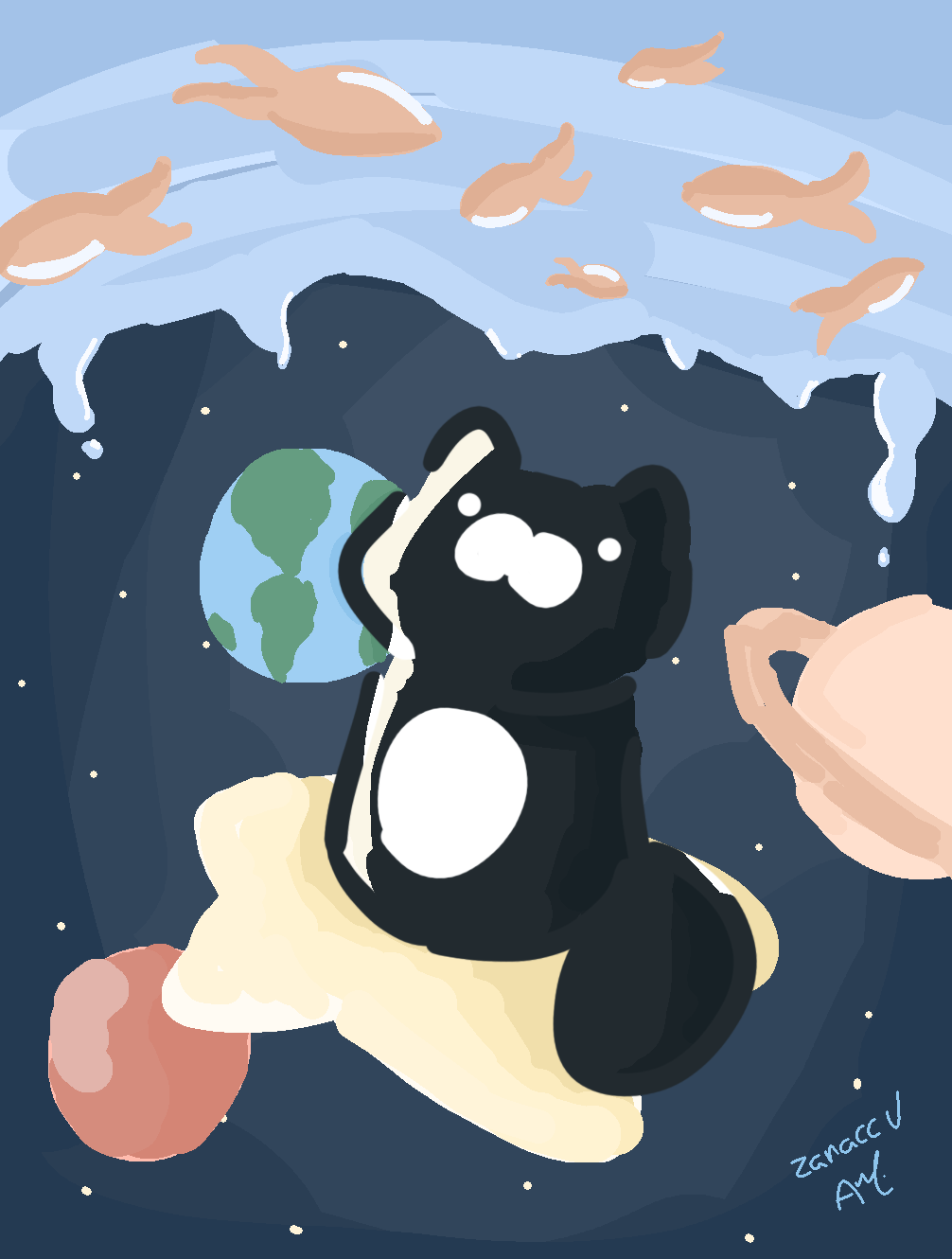 gato en el espacio y mar con peses - ibisPaint