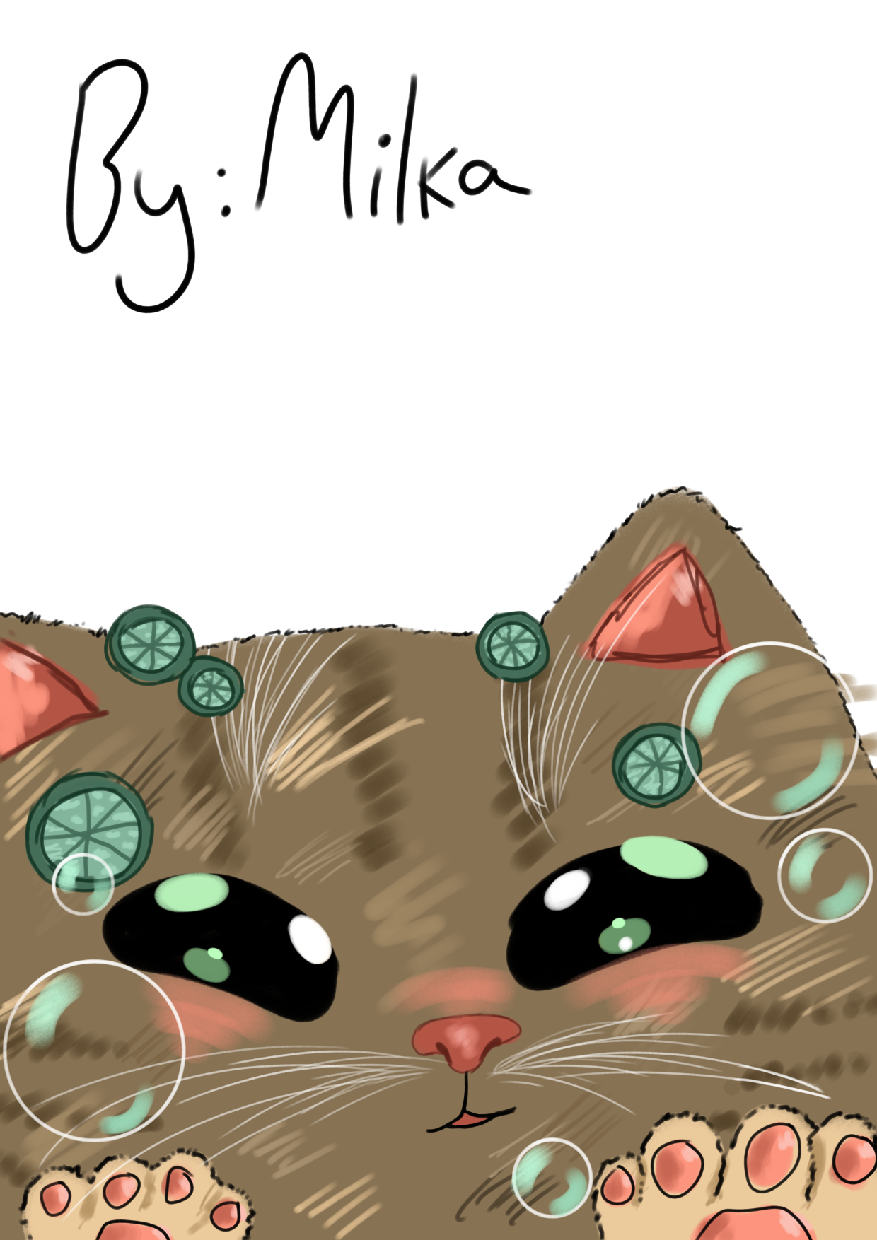 brown cute cat with limes and bubbles - ibisPaint