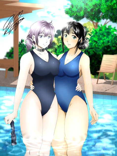 swimming pool with two girls - ibisPaint