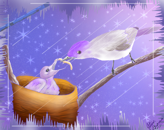 A black naped monark bird feeding child - ibisPaint