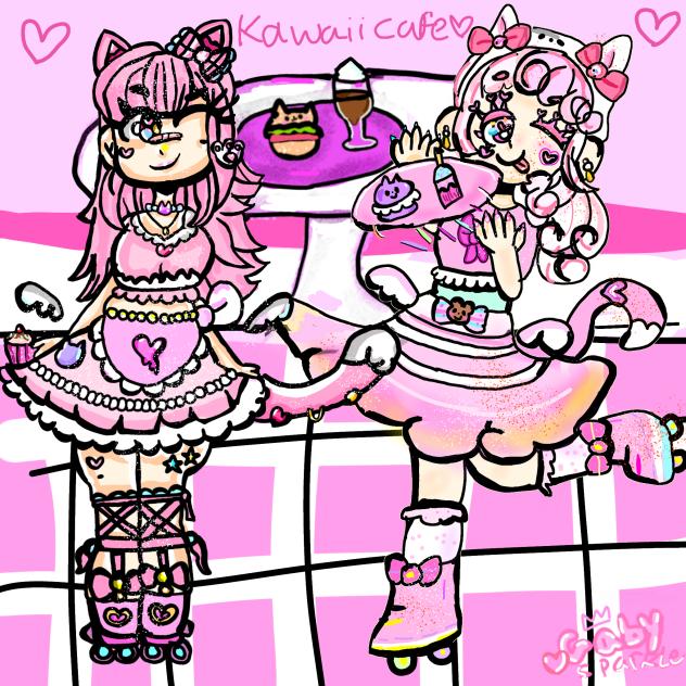 cute girls in Kawaii cafe drawing - ibisPaint