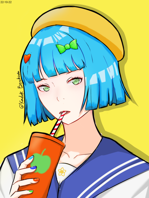Blue hair drink apple juice - ibisPaint