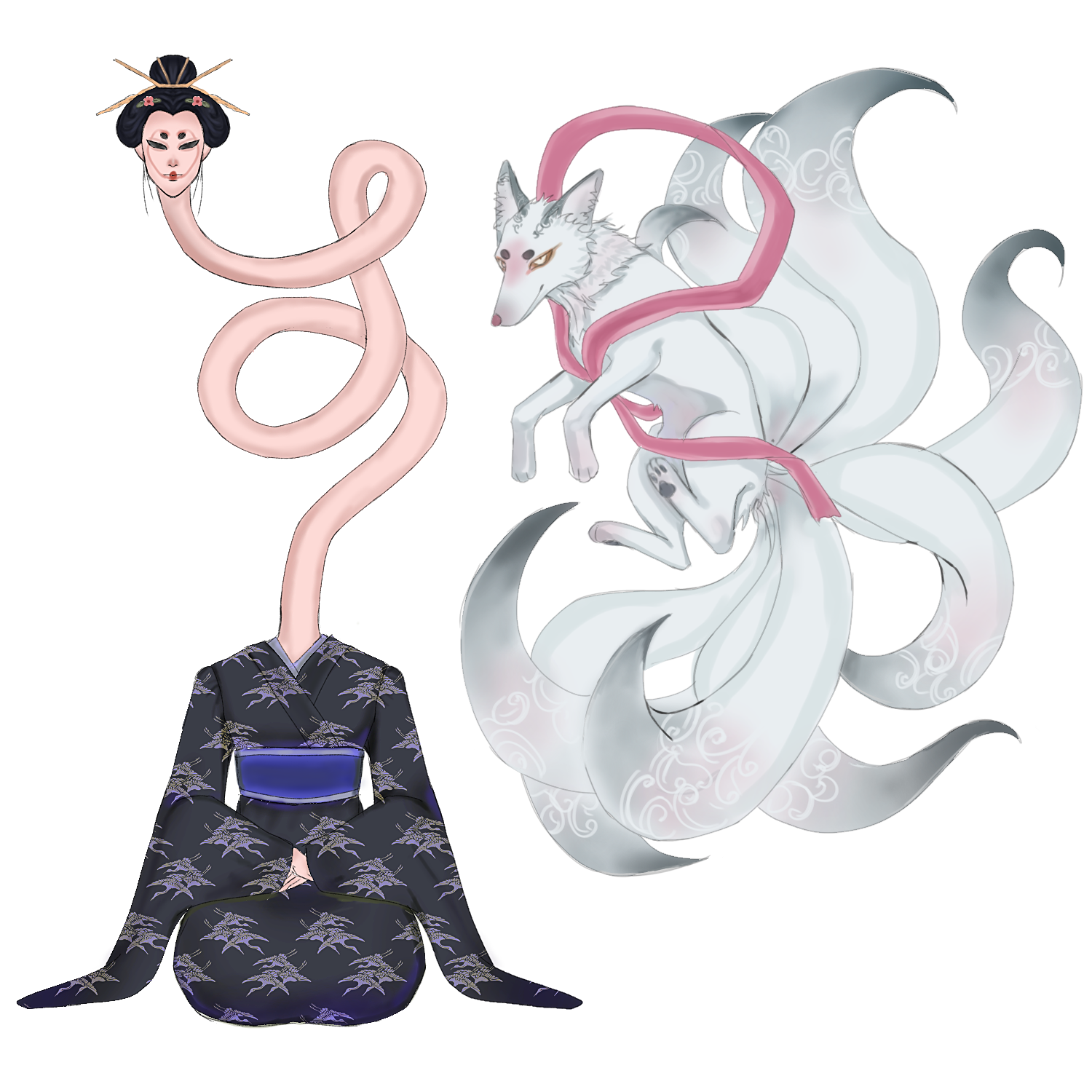 rokurokubi and kitsune yokai - ibisPaint