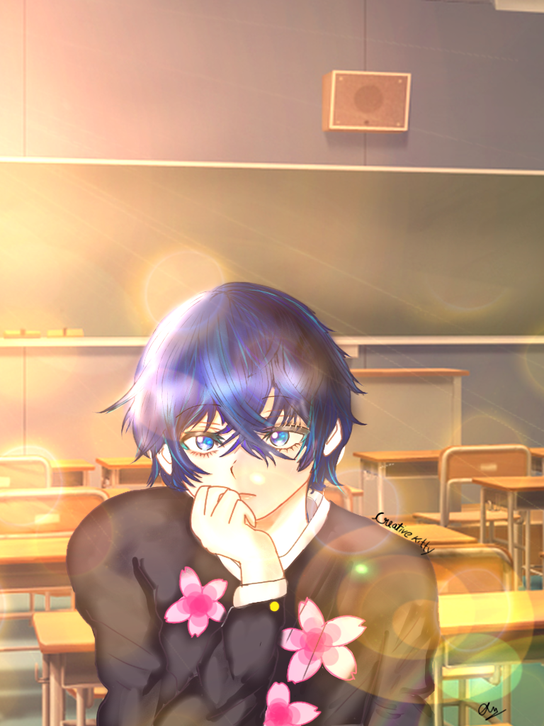 cute guy in empty class room - ibisPaint