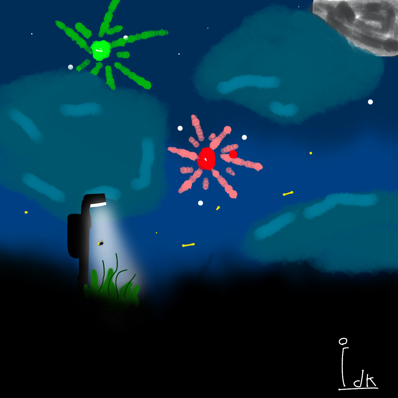 Fireworks Night And fireflies - ibisPaint