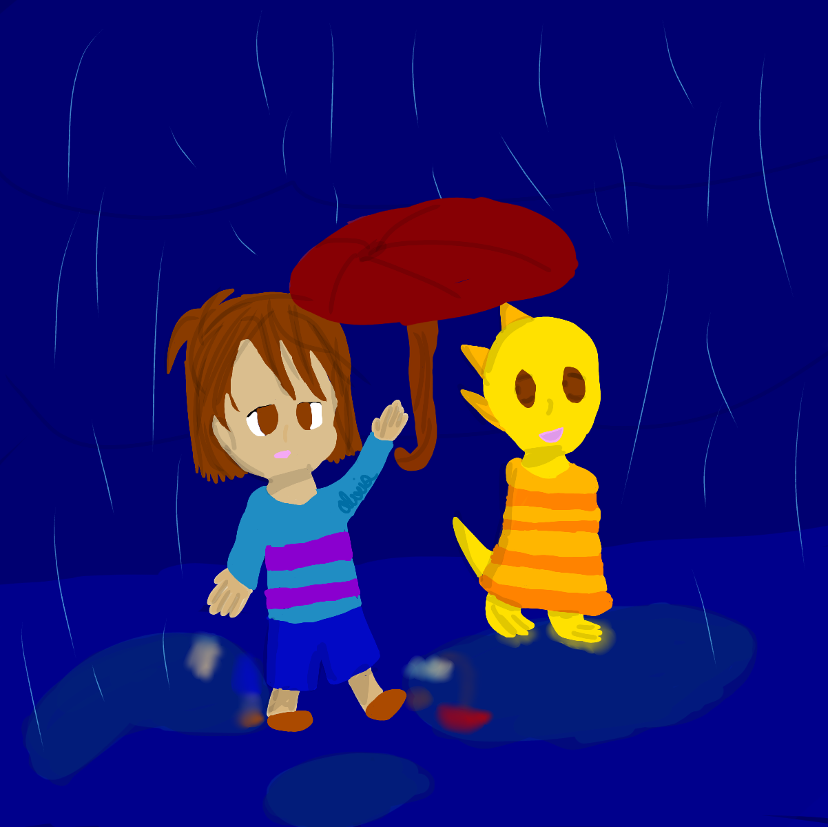 Frisk and monster kid in Waterfall - ibisPaint